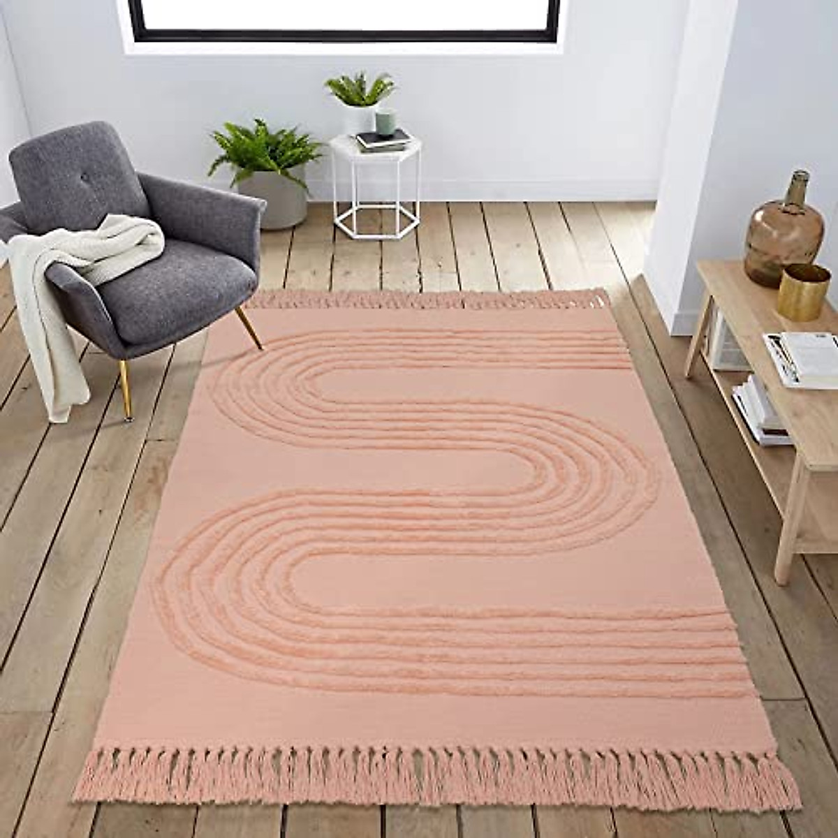 STARUIA Boho Pink Living Room Rug 5'x7' Washable Cotton Bedroom Rug, Woven Linear Tufted Nursery Area Rug with Tassels Accent Farmhouse Carpet for Teen Room Entryway Dorm