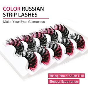 Royaomis 3d Colored Russian Strip Lashes, 20mm D Curl Lash Strips, Fluffy Eyelashes Mink, Natural False Lashes Mink, Natural Wispies, Wispy Fake Lashes, Faux Mink Eyelashes Natural Look (Pink)