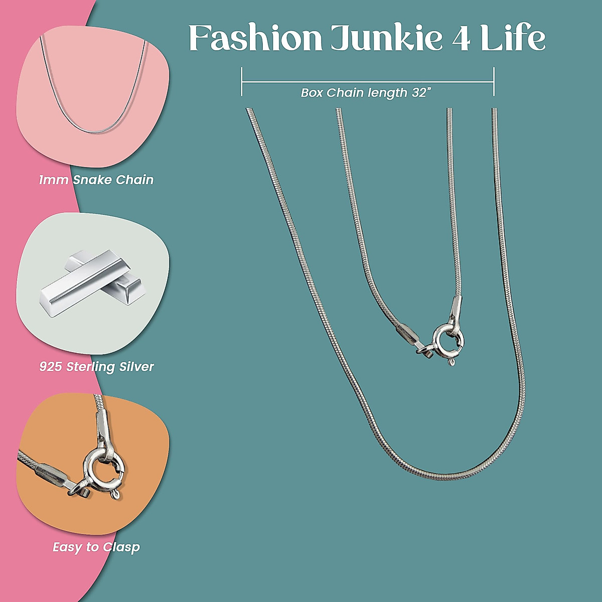 FashionJunkie4Life Sterling Silver 1mm 32" Snake Chain Necklace with Spring Ring Clasp