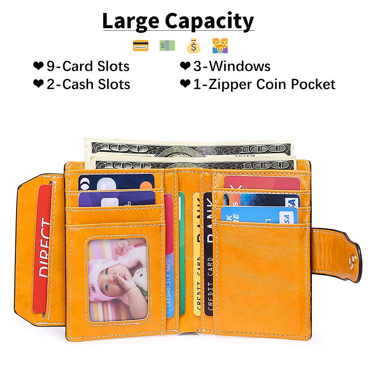 GOIACII Women Wallet RFID Blocking Leather Small Bifold Zipper Pocket Wallet Compact Card Case Purse with ID Window