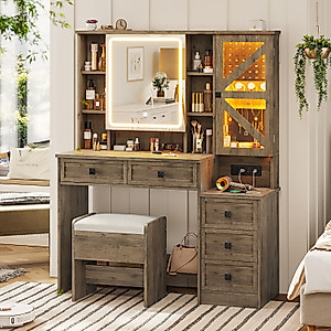 VIAGDO Vanity Desk with LED Lighted Mirror and Chair, 5 Drawers Makeup Vanity Set with Charging Station & RGB Jewelry Cabinet, Farmhouse Vanity Table with Open/Hidden Storage Shelves for Bedroom