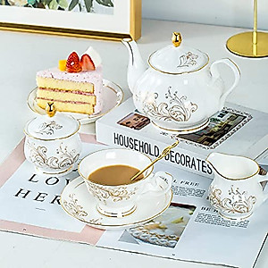 Daveinmic 22-Pieces Porcelain Bone china Tea Sets,Gold Rim Coffee Set with Golden Metal Rack,Cups,Saucers,Spoons,Teapot,Sugar Bowl,Creamer Pitcher,Tea Gift Sets for Home&Party(Gold Rim phoenix set)