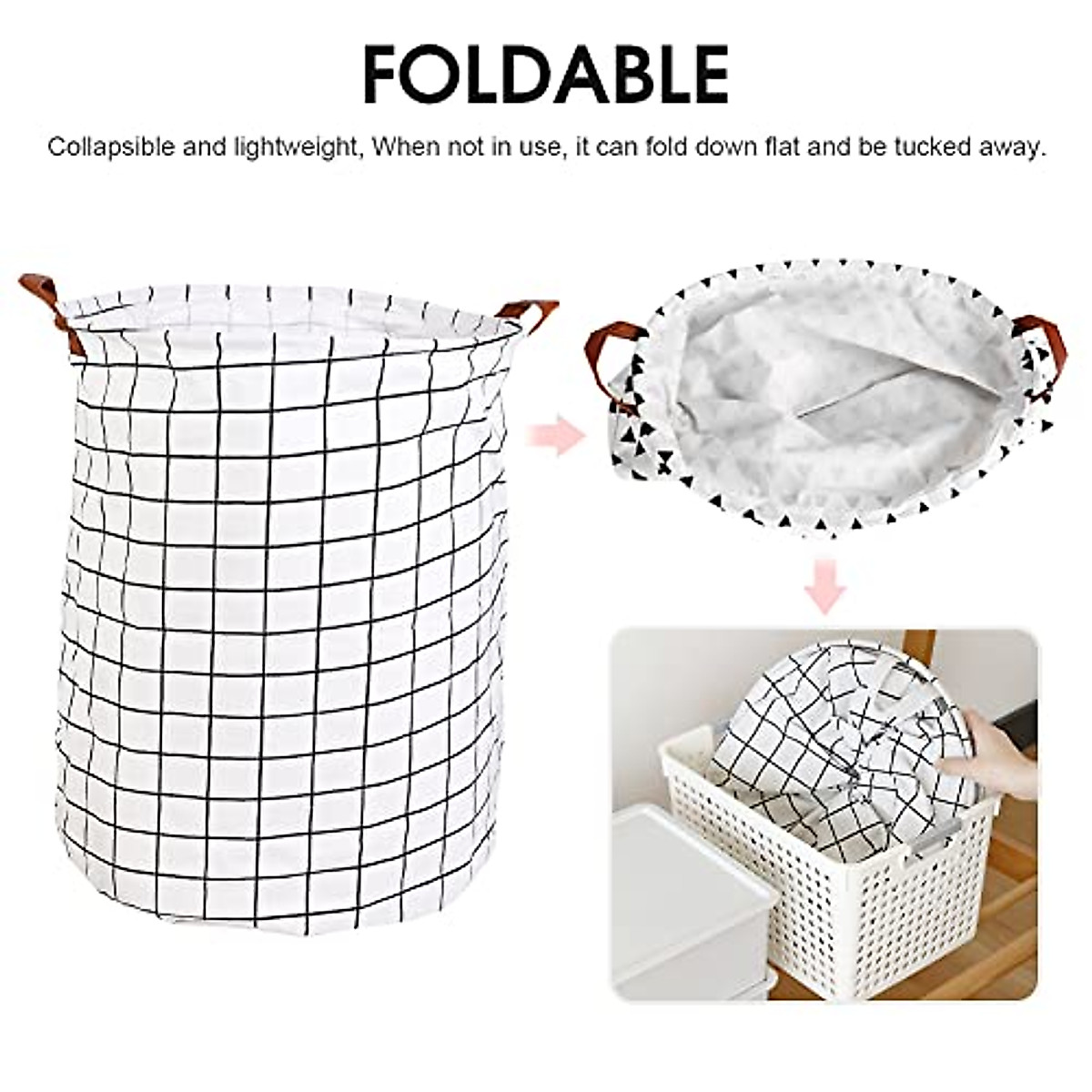 Laundry Basket, WasaFire 19.7 Inches Large Laundry Hamper Canvas Fabric Collapsible Laundry Baskets with Handles Dirty Clothes Storage Bin Toy Organizer for Bathroom, Children Bedroom (White grid)