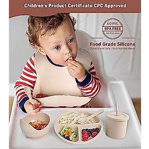 ECLIP Silicone Baby Feeding Set, 10 Pcs Baby Led Weaning Supplies with Suction Bowl Divided Plate Adjustable Bib Soft Spoon Fork Snack Cup with Lid Drinking Cup, Utensil (Beige)