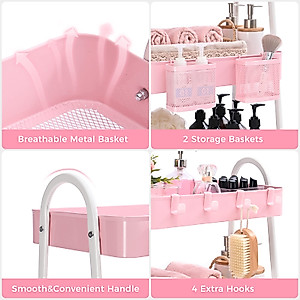 KINGRACK 3 Tier Utility Rolling Cart,Metal Rolling Storage Cart,Craft Art Cart with Handle and Locking Wheels & 2 Hanging Baskets 4 Hooks for Bathroom,Kids'Room,Classroom,Bedroom,Pink