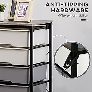 HOMCOM Dresser Storage Drawers with 6 Plastic Bins and Steel Frame, Crafting Bins for Living Room, Bedroom, Grey