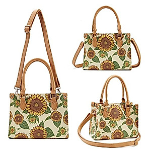 Small Tote Bags for Women Square Shape Handbags Double Top Handles Purses with Strawberry Print and Removable Shoulder Strap (Yellow Sunflower)