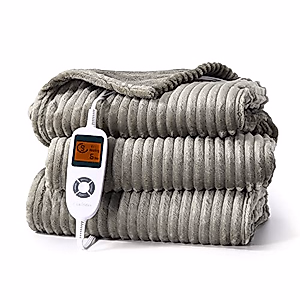 CAROMIO Heated Blanket Electric Throw - Fast Heating Throw Blanket 10 Heating Levels & 1-10H Auto Off Striped Flannel Electric Heated Blanket Throw for Home Office Use, 50x60 Inch, Khaki