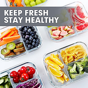 VERONES 5 Pack Glass Meal Prep Containers 3 Compartment Set, 36OZ Airtight Glass Lunch Containers, Glass Food Storage Containers with Lids, for Microwave, Oven, Freezer & Dishwasher Friendly,Grey