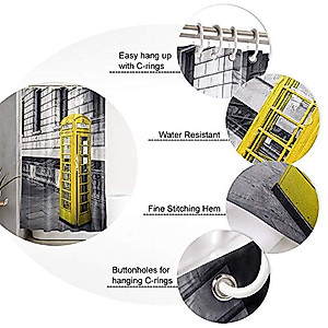 4 Pcs Shower Curtain Set with 12 Hooks, Black and White London Cityscape Yellow Telephone Box Bathroom Decor Sets with Non-Slip Bath Mat Toilet Lid Cover, Waterproof Shower Curtain and Rugs Set