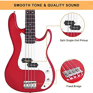 Raptor 3/4 Scale, 38 Inches Size Kids 4 Strings Electric P Bass Package - RED. With 5W Amp, Gig Bag, Strap, 10ft Cable, Picks