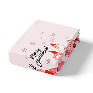 Merry Christmas Bedding Set Queen Size,Pink Flamingo Cartoon Bird Animal Duvet Cover Set for Children Adult,Winter Snowflake Green Leaves Soft Comforter Cover for Dorm Room, Zipper, Ties