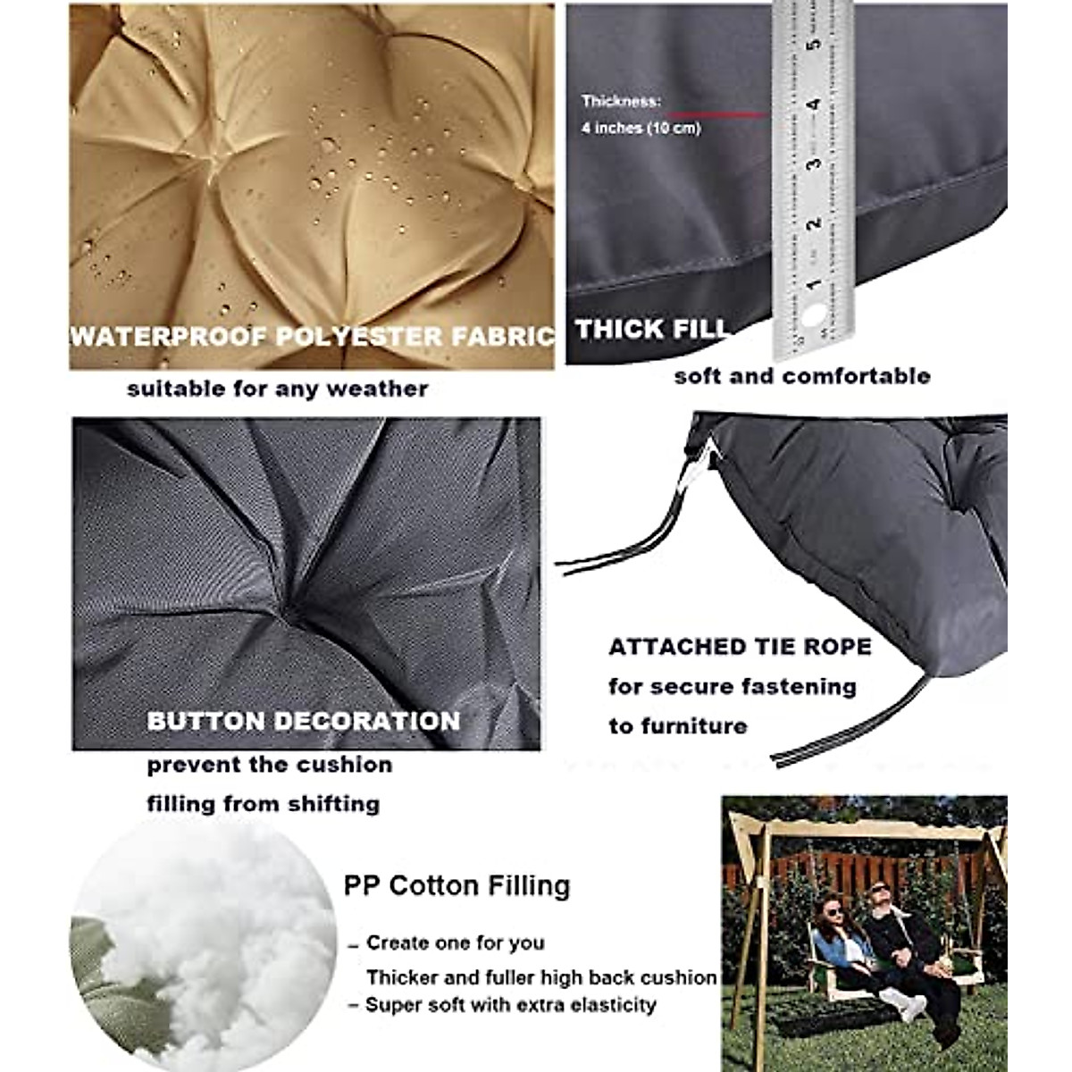 ZUINUDNG Outdoor Swing Bench Cushions,2 or 3 Seater Waterproof Swing Cushion with Backrest Ties,Bench Replacement Washable Seat