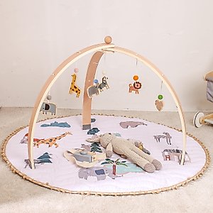 Wooden Baby Gym Foldable Baby Play Gym Frame Activity Center Hanging Bar with Cute Animals Toys for Sensory Exploration and Motor Skill Development, Newborn Gift for Girls Boys（Without Play Mat）