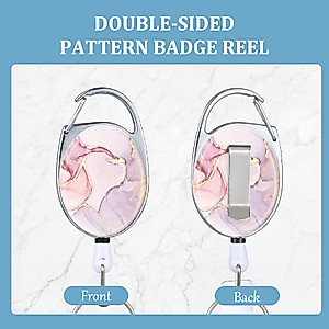 Badge Reels Retractable，Double Sided Color Print Pattern Badge Holders，with Keychain, Clip and Key Ring，Durable Nylon Rope，Pink Marble