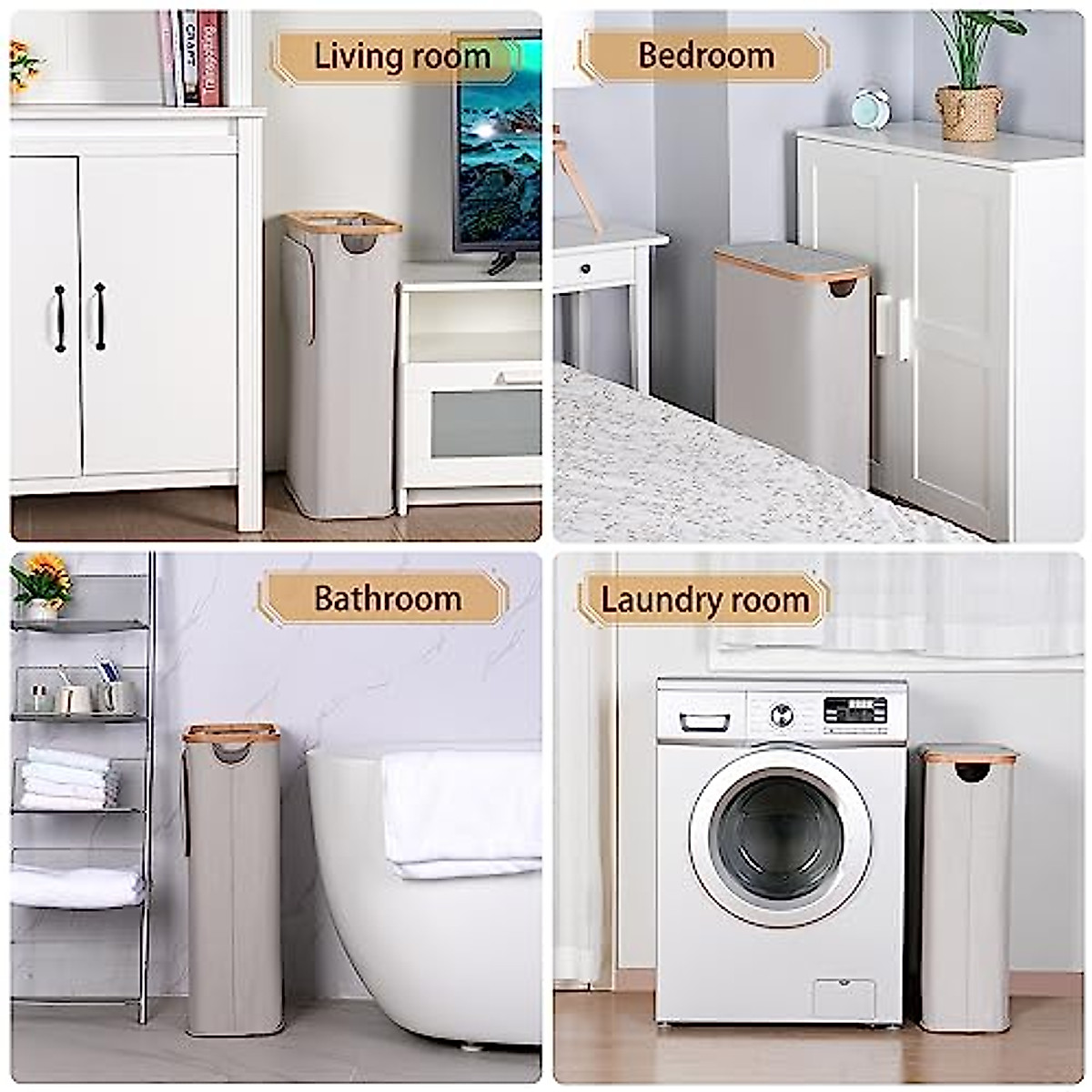 iEGrow 60L Slim Laundry Hamper With Lid, Foldable Clothes Basket with Bamboo Handles and Removable Inner Bag, Light Grey