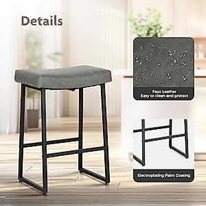 ALPHA HOME Bar Stools Backless Saddle Seat Barstools Modern PU Leather Cushion Counter Height Chairs Set of 2 for Kitchen Island, Dining Pub and Bistro, 24 Inches, Grey, 2PCS