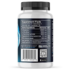 VitaFLUX Triple Power Nitric Oxide Supplement for Male Performance, Stamina, Energy, Recovery - L Arginine 2000mg, L Carnitine 1000mg, Zinc, Magnesium - Amino Acids, 180 Capsules
