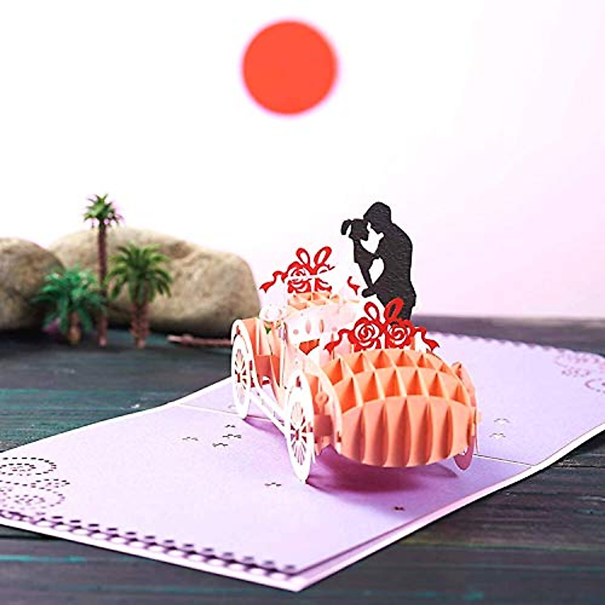 CUTE POPUP - Anniversary Card with Bride and Groom in Wedding Car Design, Valentines Day Card, Thinking of You Card, Birthday Card, Surprising Present for Couple, Wife and Husband