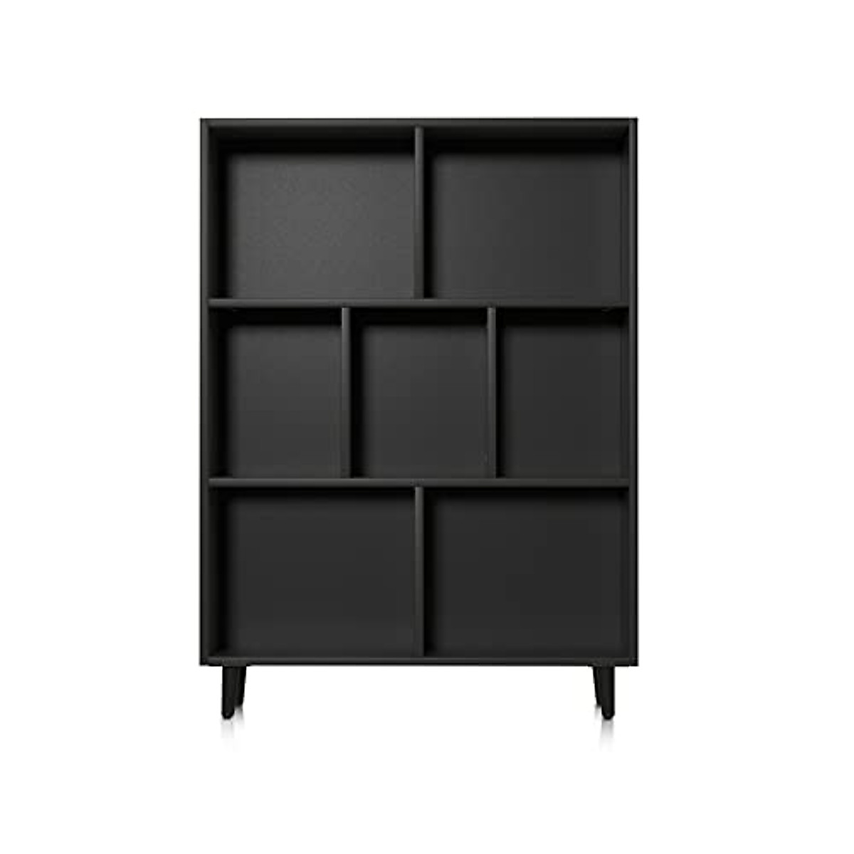 LAR-ME 3-Tier Bookshelf, Mid Century Bookcase with Legs, 7 Cube Wood Bookshelves Storage Organizer Shelf, Free Standing Narrow Book Shelves for Bedroom, Living Room, Office (Black)