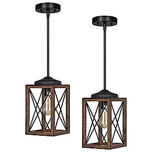 DEWENWILS 2 Pack Farmhouse Pendant Light, Metal Hanging Light Fixture with Wooden Grain Finish, 48 Inch Adjustable Pipes for Flat and Slop Ceiling, Kitchen Island, Bedroom, Dining Hall, ETL Listed