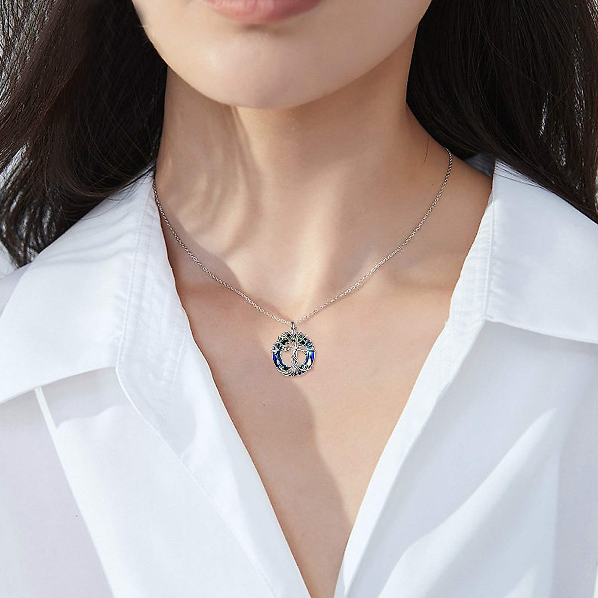 TOUPOP Jewelry for Women Tree of Life Necklace 925 Sterling Silver Family Tree Pendant Necklace with Blue Circle Crystal Mothers Day Birthday Anniversary Jewelry Gifts for Women Her Wife