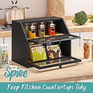 Vriccc Black Bread Box for Kitchen Counter, Bamboo Wood Bread Box, Large Capacity Bread Storage Bin