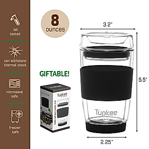 Tupkee Double Wall Glass Tumbler - 8-Ounce, All Glass Reusable Insulated Tea/Coffee Mug & Lid, Hand Blown Glass Travel Mug - Black