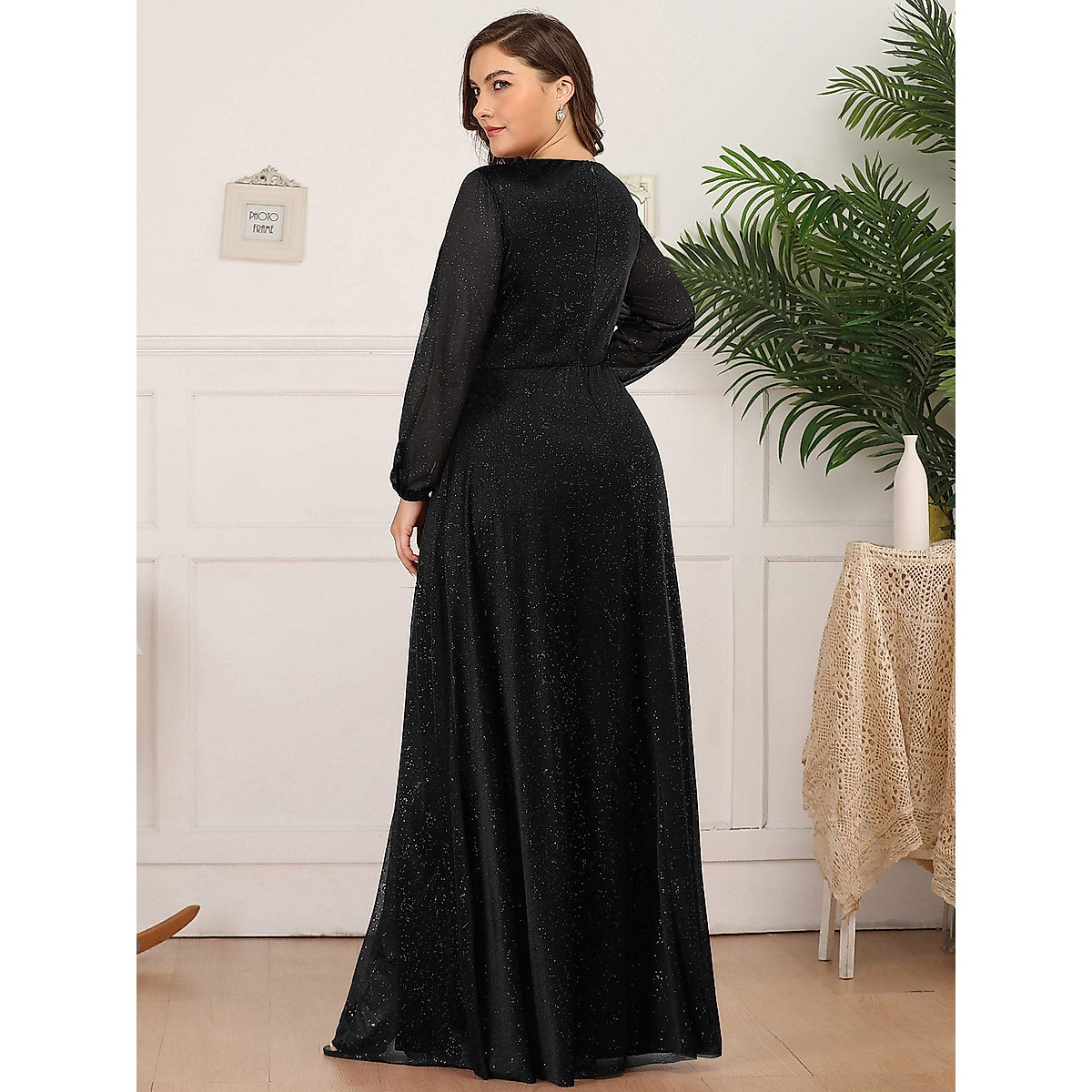 Ever-Pretty Women's Leg Slit V-Neck Sparkle Plus Size Evening Party Dress with Sleeves Black US14