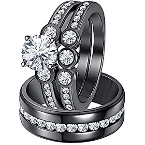 Her Engagement Ring And His Her Wedding Band Round Cut Cubic Zirconia Trio Ring Set 14K Black Gold Over 925 Sterling Silver