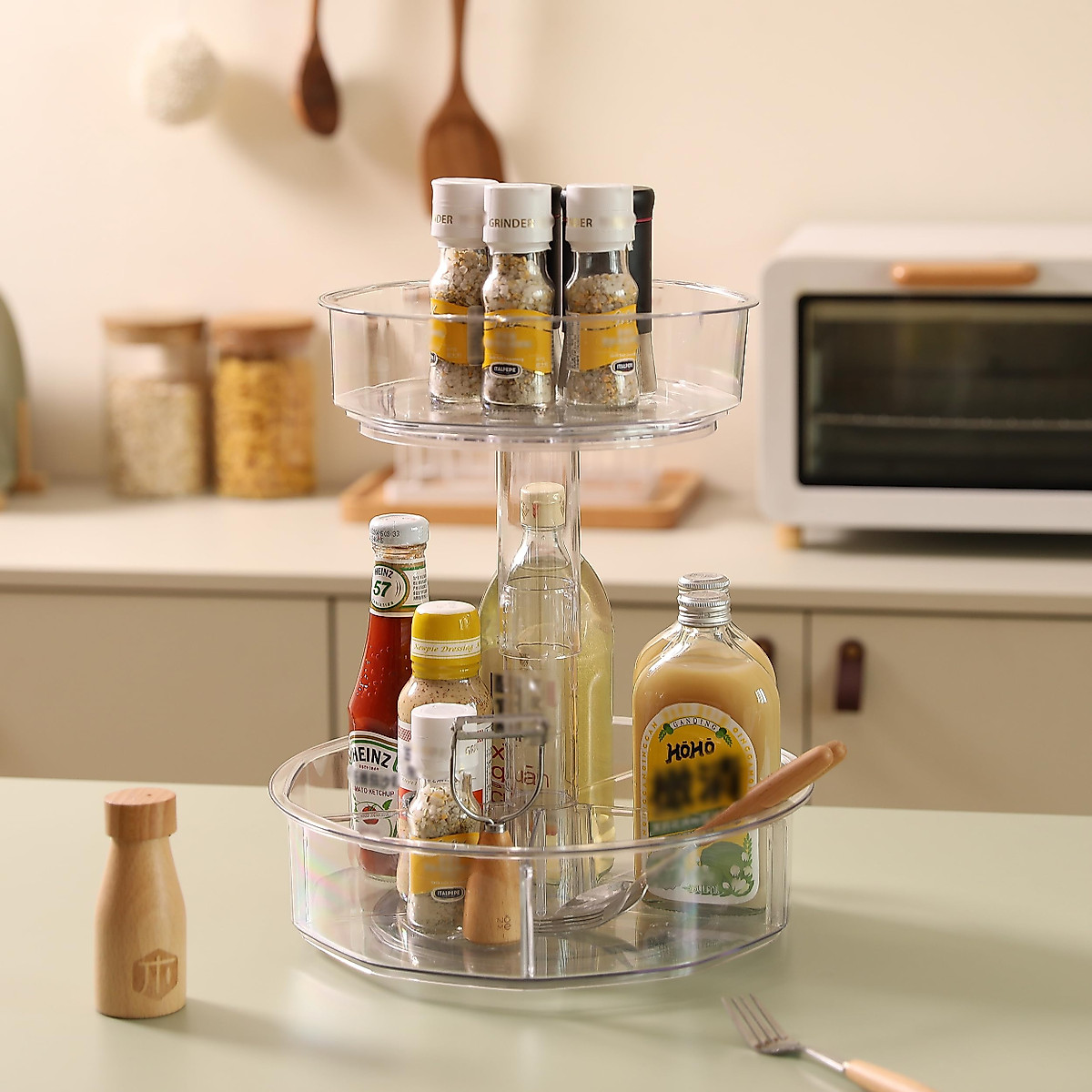 Bienvoun 2 Tier Lazy Susan Organizer Turntable Clear Spice Rack Organizer for Cabinet Height Adjustable Cabinet Organizer for Pantry Kitchen Clear