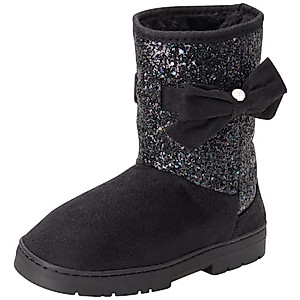 bebe Girls Winter Micro Suede Boots with Rhinestone Embellished Logo & Bow, Black Glitter, Size 2 Little Kid
