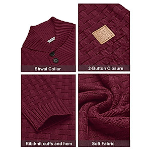 COOFANDY Men's Shawl Collar Sweaters V-Neck Relaxed Fit Basket Knitted Pullovers Wine Red