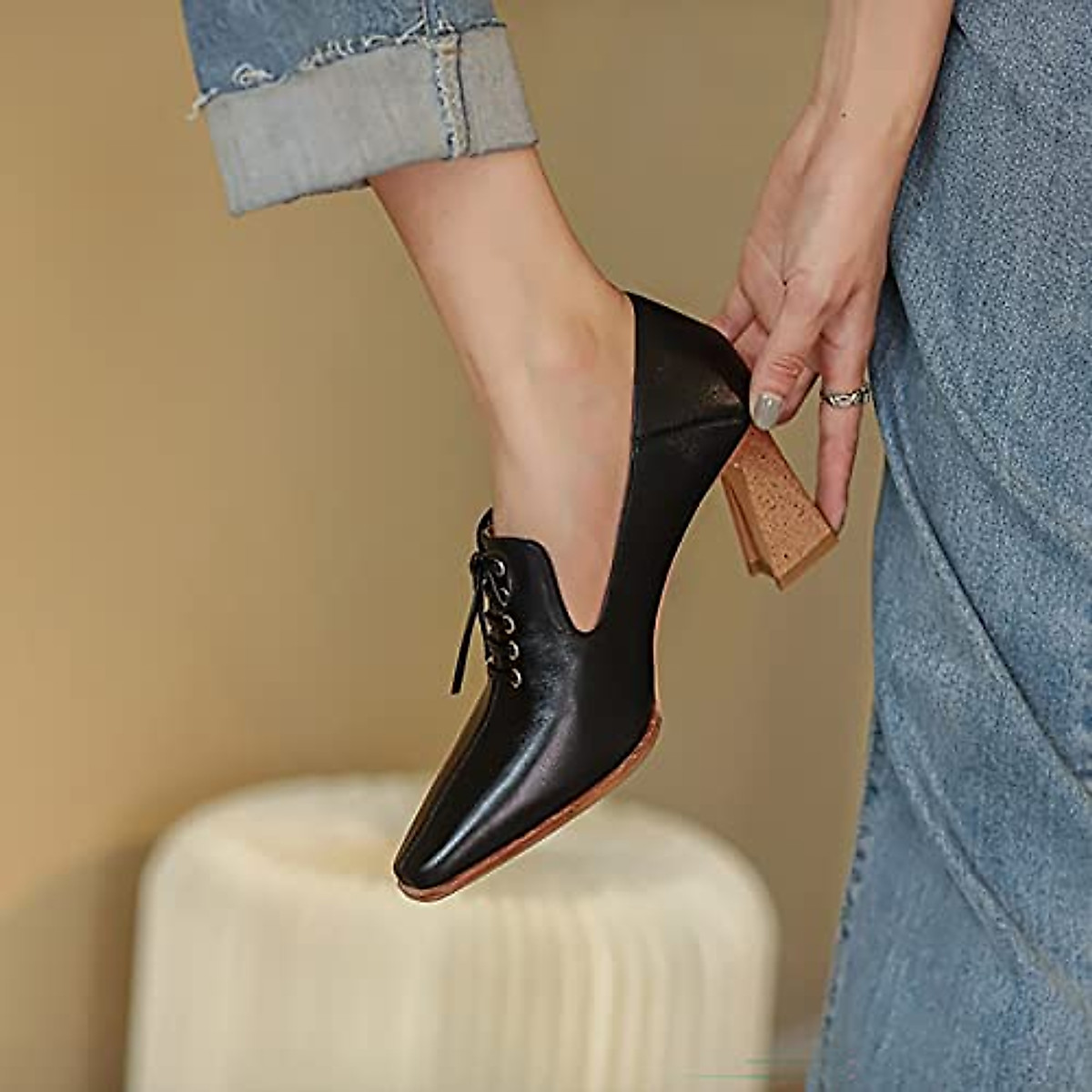 Women's Retro English Style Pointed Thick Heel French Single Shoes Casual Work Shoes Women Black