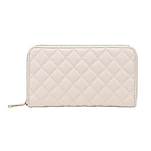 Premium Real Full Grain Leather Classic Long Zipped Wallet with Multiple Card Slots | Phone Clutch | Large Capacity Card Holder Organizer for Men Women (Beige Quilted) (JK-ZW19)