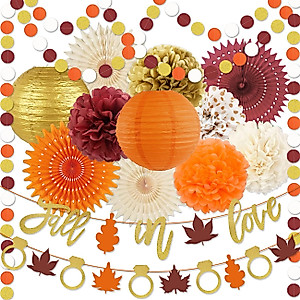 Fall Bridal Shower Decorations, Fall In Love Banner Set Autumn Wine Burgundy Champagne Orange Tissue Pom Poms, Paper Flower, Paper Lanterns for Fall Theme Wedding Engagement Decorations