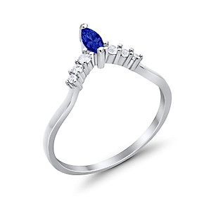 Art Deco Wedding Engagement Curved Chevron Midi Band Marquise Round Simulated Blue Sapphire Cubic Zirconia 925 Sterling Silver Size-6