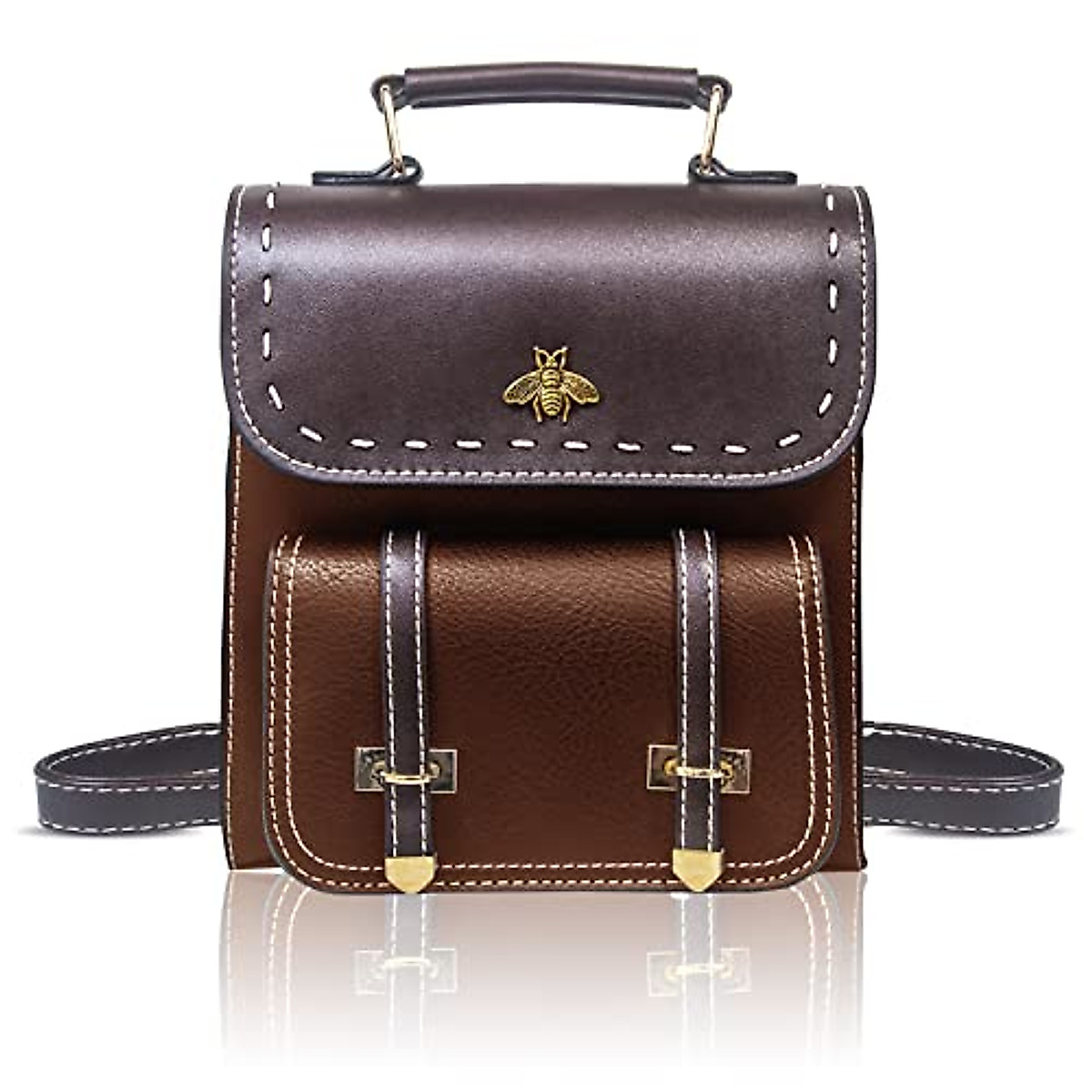 Little Bee Mini Backpack Faux Leather Women Backpack Purse Convertible Handbag Fashion Crossbodybag Girl Cute Preppy Bookbag, Brown