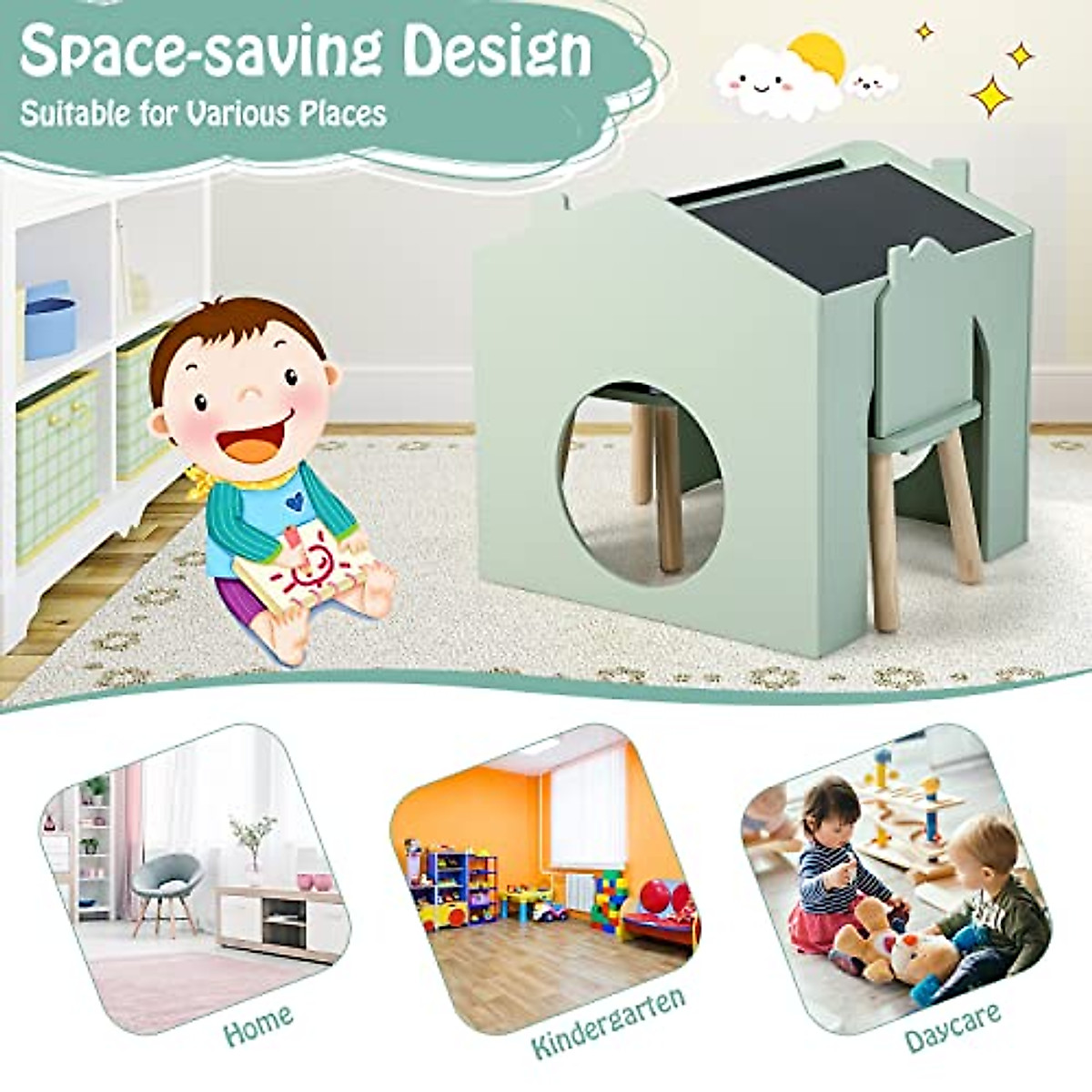 Costzon Kids Table and Chair Set, 3 Pieces Wooden Table Set for Toddler w/Chalkboards for Arts, Crafts, Reading, Drawing, House-Shaped Space-Saving Children Furniture Set, Gift for Boys Girls, Green