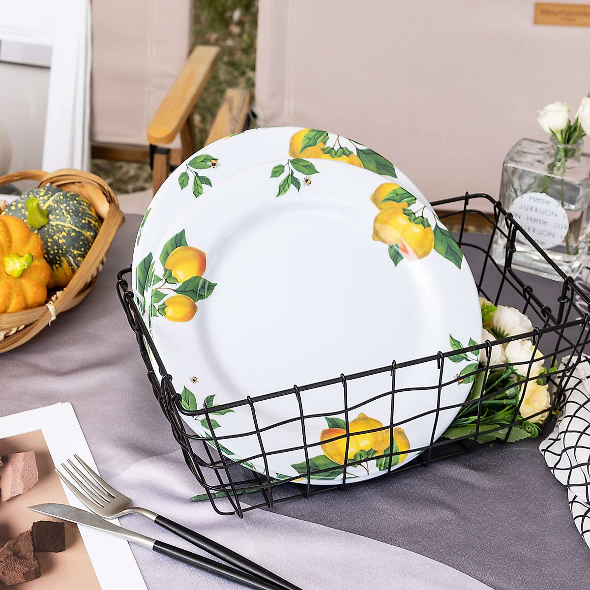 Lemon Dinner Plates, 6pcs Melamine Dishes Set, Indoor and Outdoor use, 10inch, White