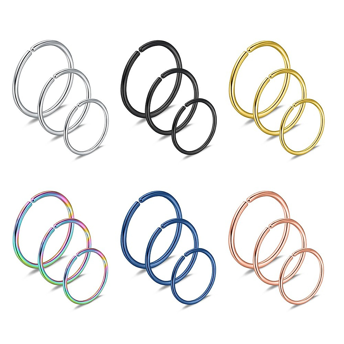 Ruifan 18PCS 20G Mix Size Stainless Steel Clip on Fake Nose Lip Helix Cartilage Tragus Ear Hoop Ring 6mm 8mm 10mm - Mix Color
