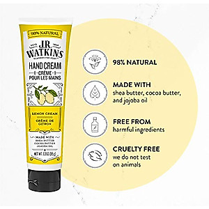 J.R. Watkins Natural Moisturizing Hand Cream, Hydrating Hand Moisturizer with Shea Butter, Cocoa Butter, and Avocado Oil, USA Made and Cruelty Free, 3.3oz, Lemon Cream, Single