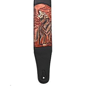 Walker & Williams CVG-WL-R Hand Carved Brick Red & Brown Howling Timber Wolf On Black Leather Guitar Strap For Acoustic, Electric, And Bass Guitars