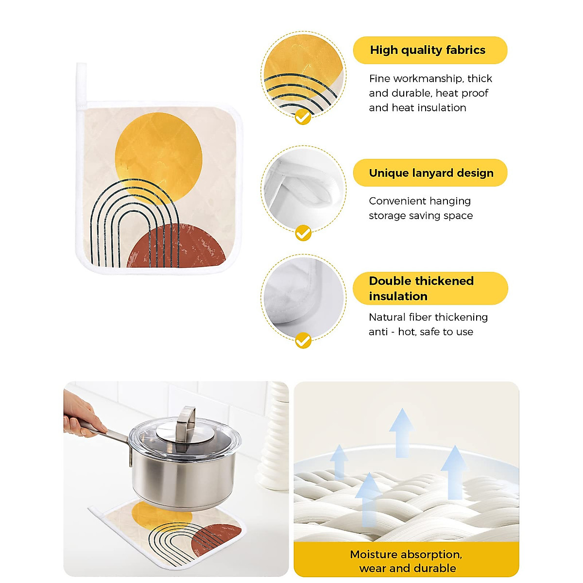 Pot Holder Set of 4 Mid Century Boho Sun Abstract Potholder Heat Proof Non-Slip Pot Holders,Minimalist Terracotta Aesthetic Hot Pads Potholders for Kitchen Cooking Baking BBQ