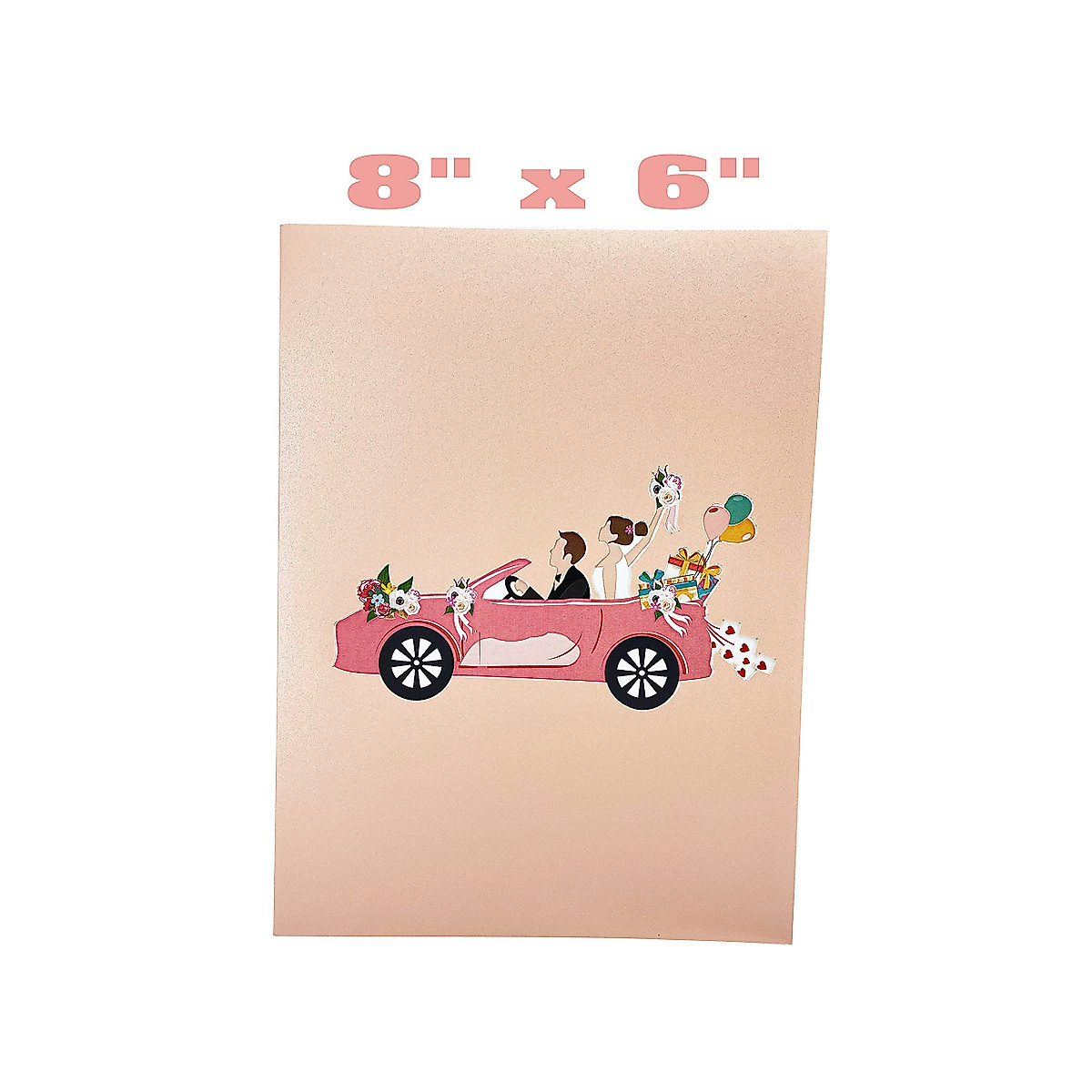 "Just Married" Pink Cadillac Wedding Car with Bride and Groom Pop Up Card for Marriage, Engagement, Anniversary, Valentines Day