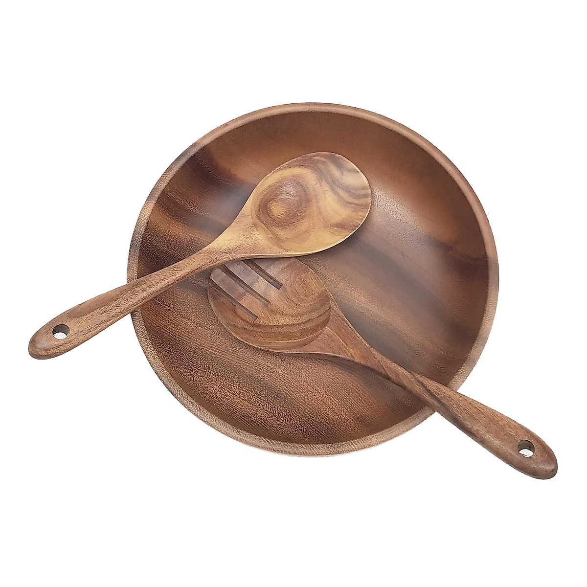 XD MEXL Wooden Bowl Wooden Salad Bowl Set, 9.45 inch Acacia Wood Large Salad Serving Bowl with Fork and Spoon, Handmade Wooden Mixing Bowl Utensils Set (3pcs)