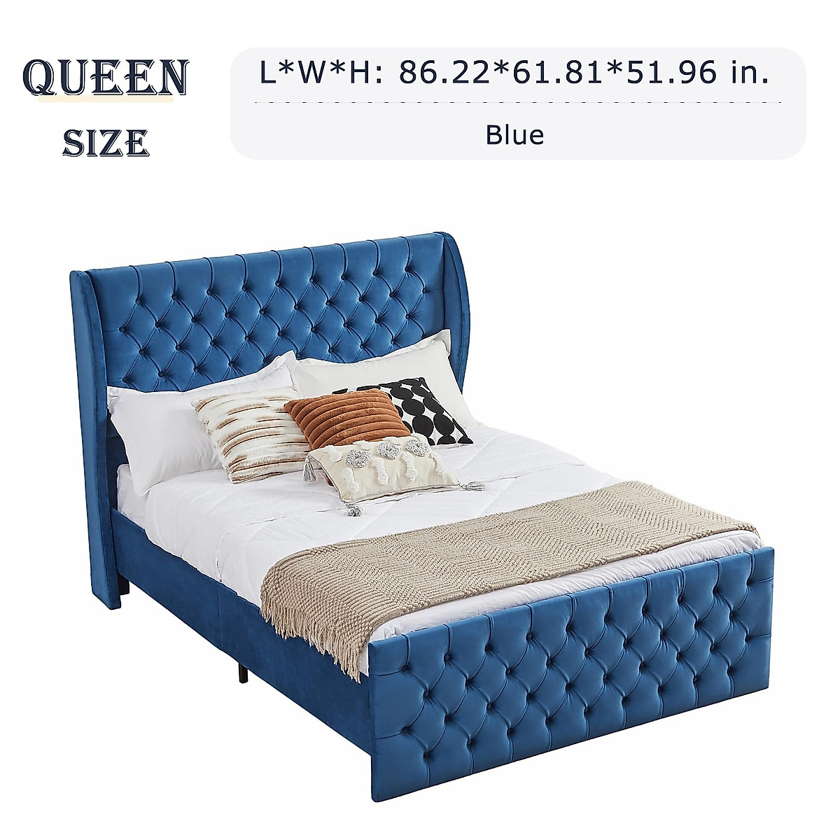 DUNTRKDU Queen Size Velvet Upholstered Platform Bed Frame with Button Tufted Headboard and Wingback, Wood Slat Support, No Box Spring Needed, Under Bed Storage (Blue)