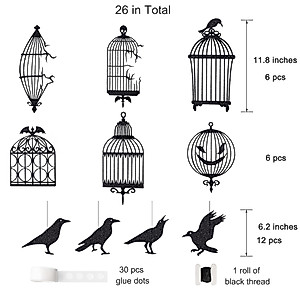 Cheerland Glitter Black Crow Cage Decorations for Gothic Halloween Stickers Decals Tree Hanging Decorations Raven Bird and Cage Banner Garland Backdrop for Horror Theme Birthday Party Supplies