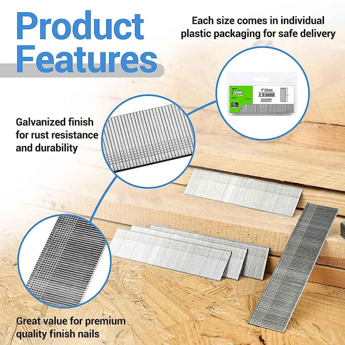 meite 18 Gauge Brad Nails, 1 Inch 18GA Brad Nails Galvanized Small Finishing Nail Gun Nails for Pneumatic, Electric Brad Nailer Gun (1,000 Counts)