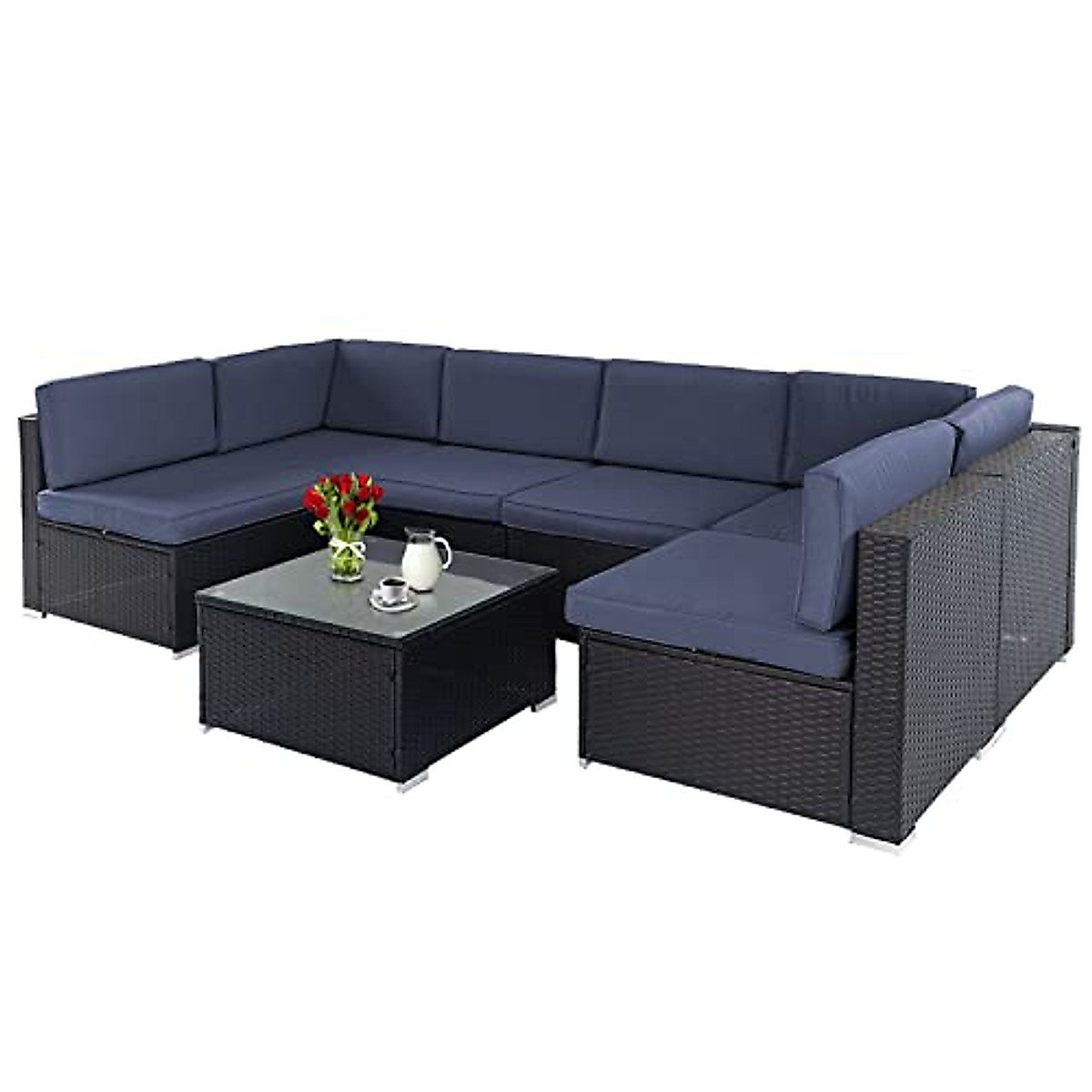 SUNCROWN 7-Piece Outdoor Patio Furniture Sofa Set All-Weather Wicker Sectional Cushioned Washable Seat Conversation Set with Modern Glass Coffee Table and Cushions (Dark Blue)